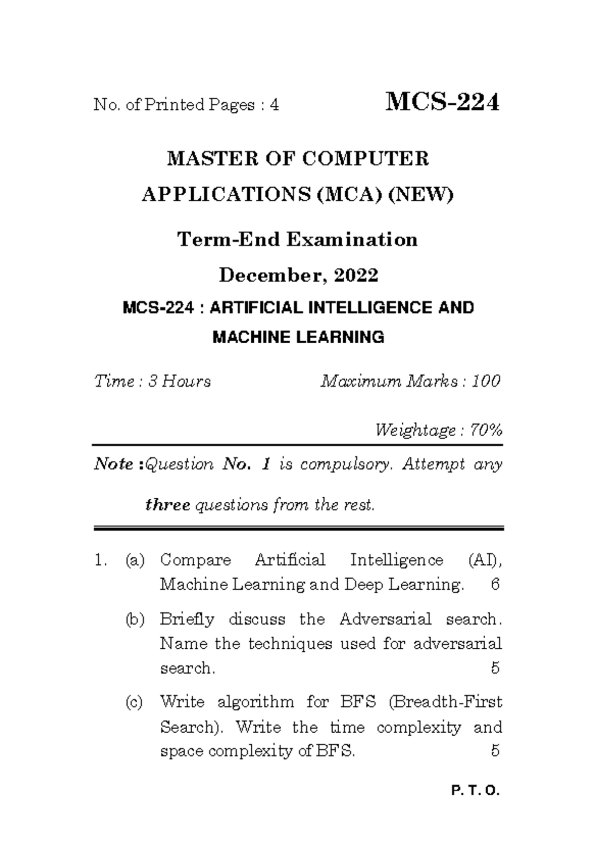 MCA 224 - Dec 2023 Exam: AI & Machine Learning Question Paper - Studocu