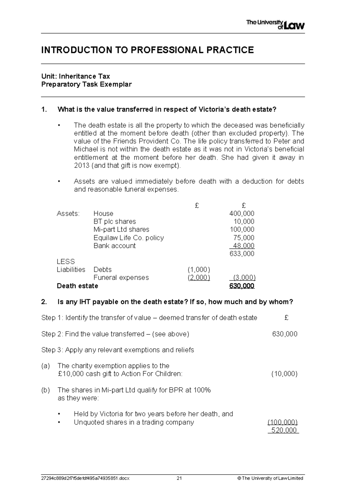 Inheritance Tax Prep Task Exemplar: Death Estate Valuation & IHT ...