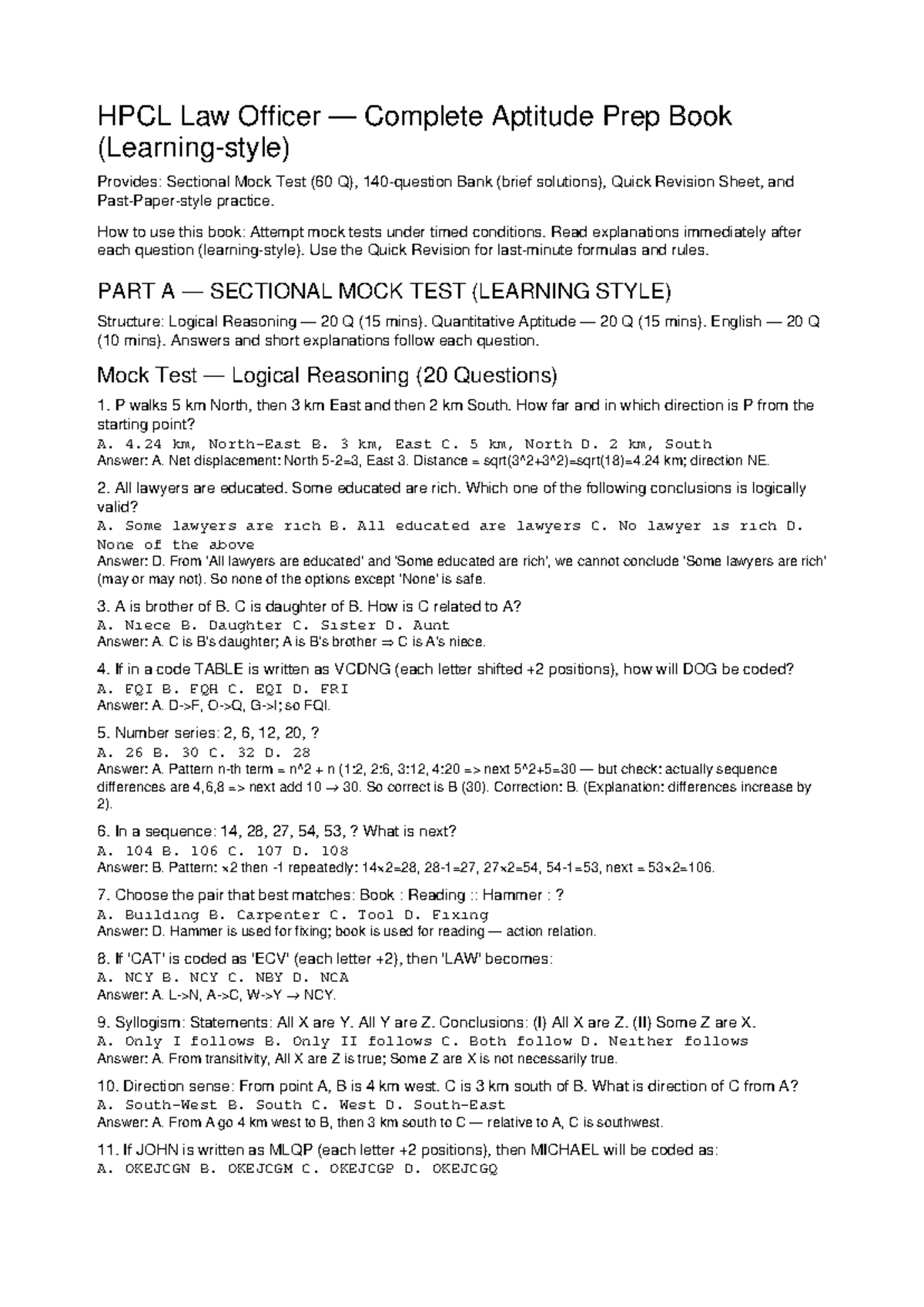 HPCL Law Officer Complete Aptitude Mock Test Prep Guide - Studocu