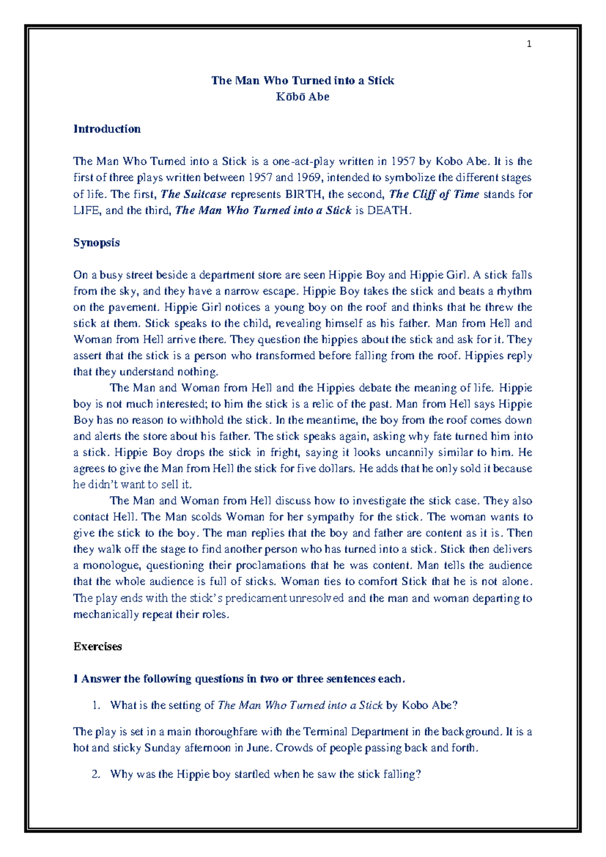 Kōbō Abe's "The Man Who Turned into a Stick" - Complete Study Notes ...