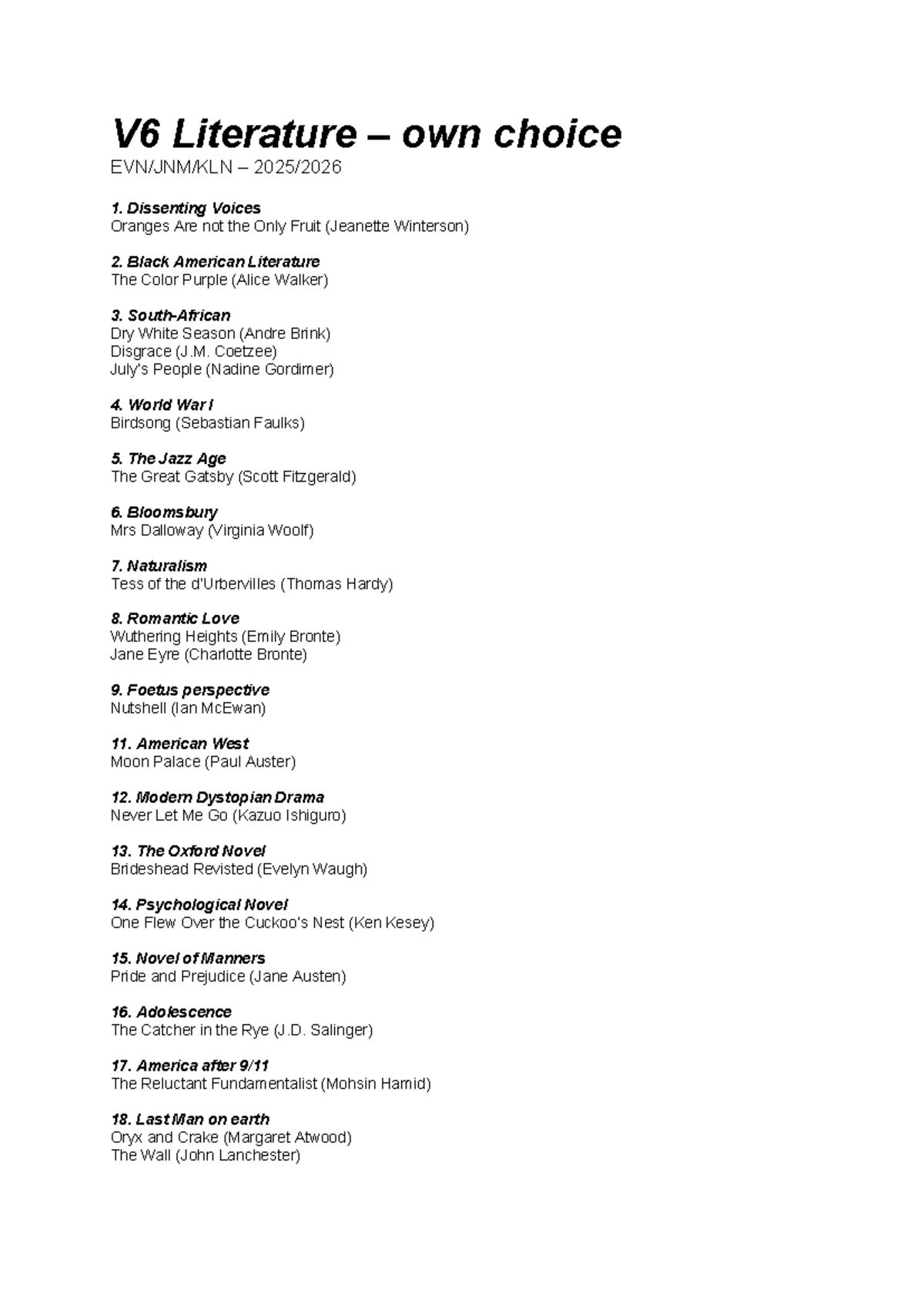 Literatuurlijst V6 Eigen Keuze 2526: Diverse Lit. Works - Studeersnel