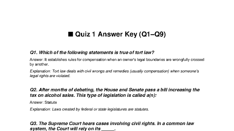 Quiz 1 Answer Key: Tort Law & Legal Principles Explained - Studocu