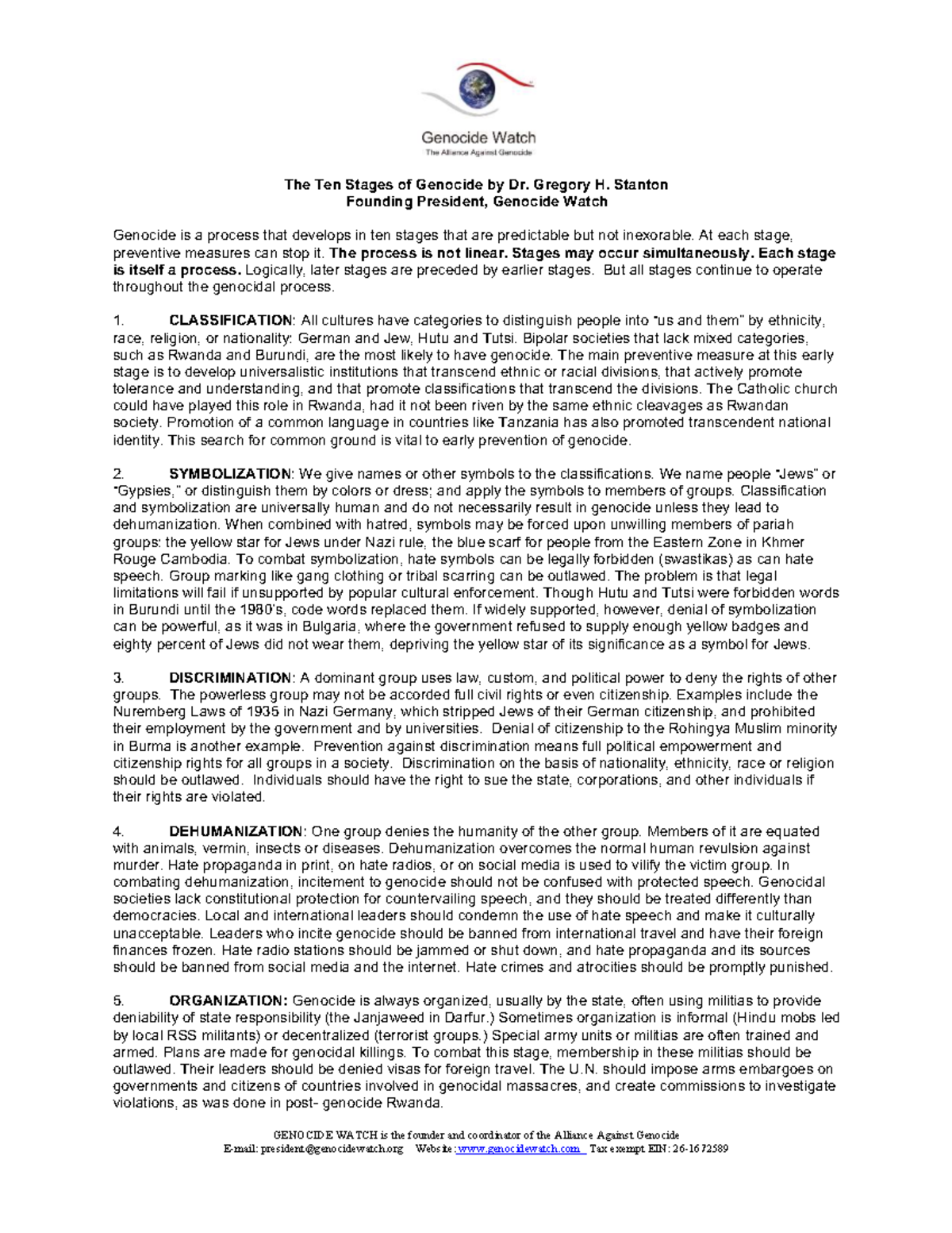 Stanton's Ten Stages of Genocide: A Preventive Framework - Studocu
