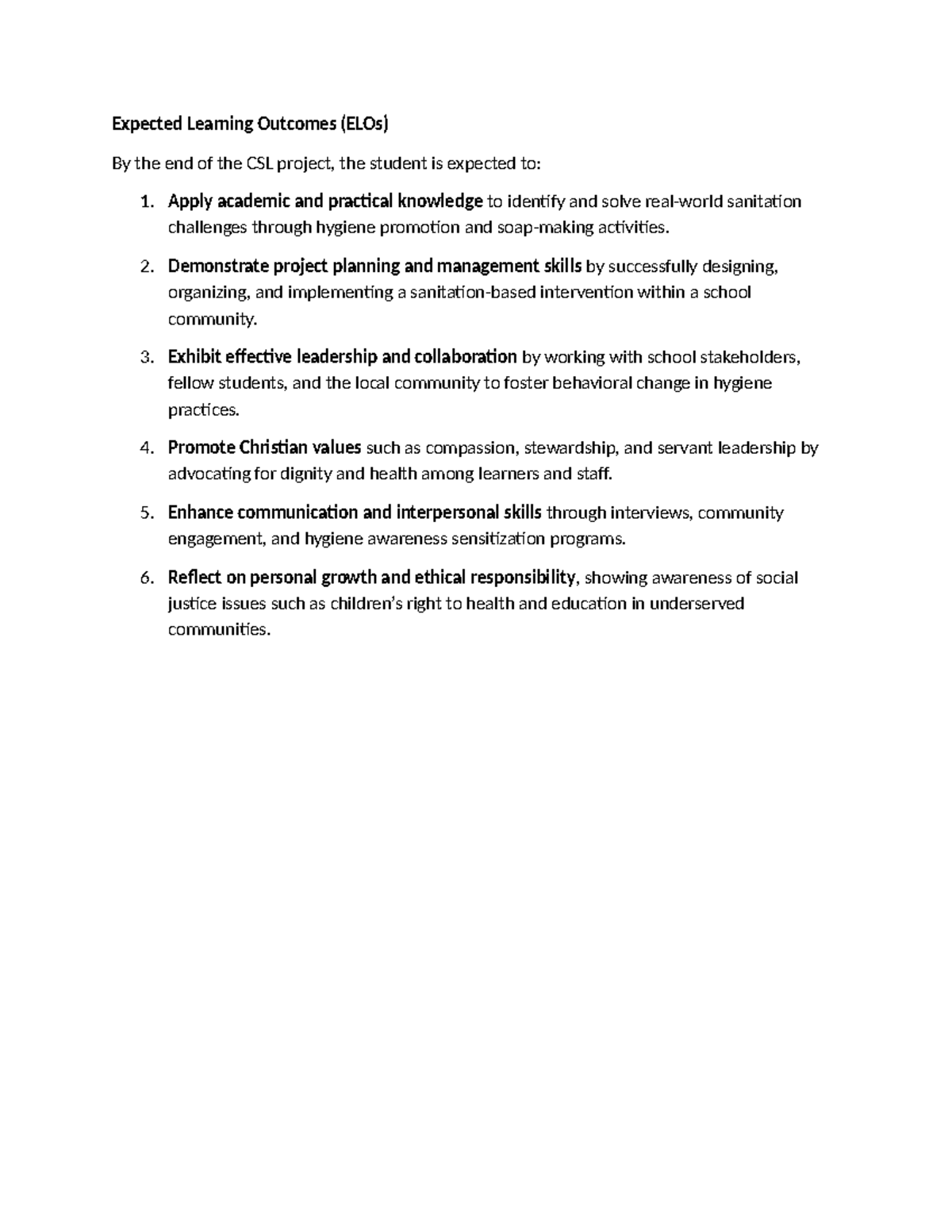 CSL Project Expected Learning Outcomes (ELOs) and Skills Development ...