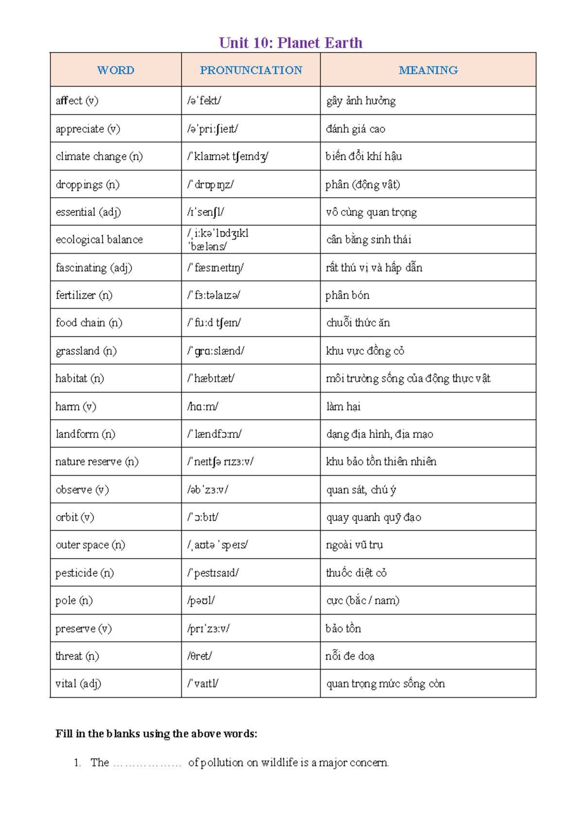 Unit 10: Planet Earth Vocabulary & Fill-in-the-Blank Exercises - Studocu