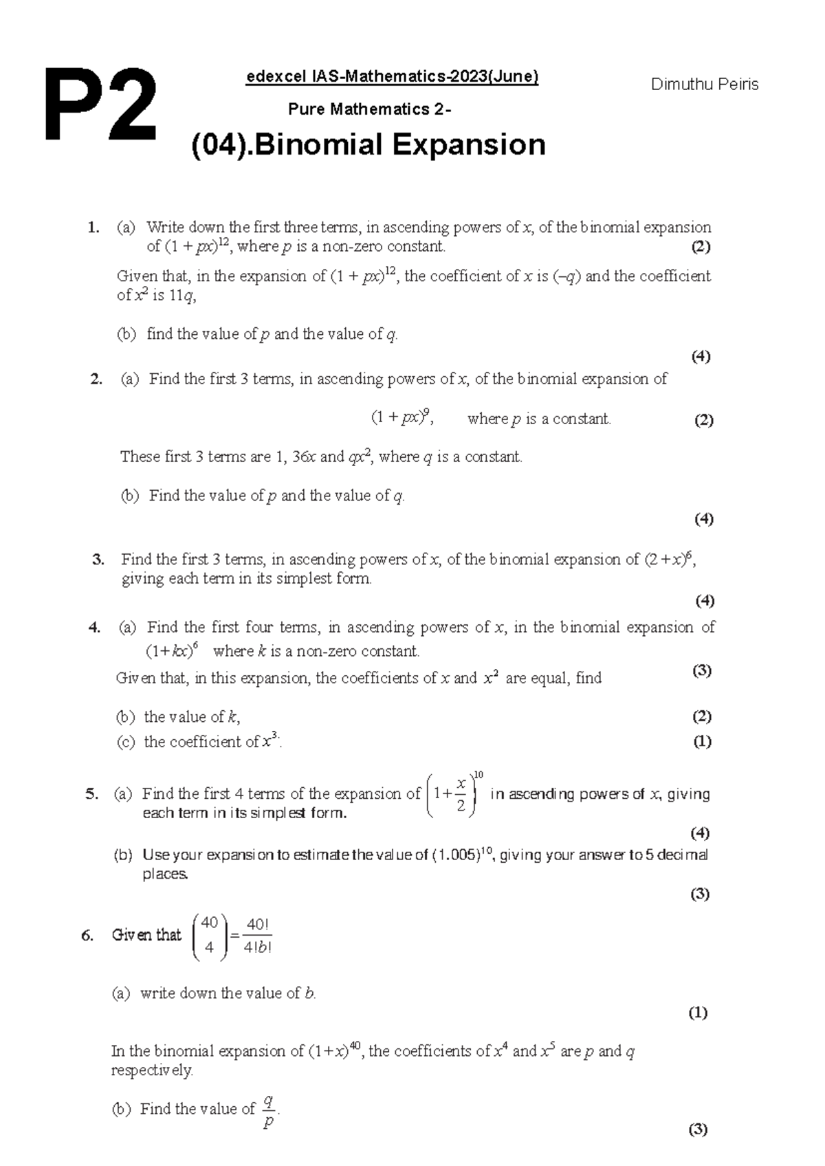 P2 - Chapter 4: Binomial Expansion Notes and Exercises - Studocu