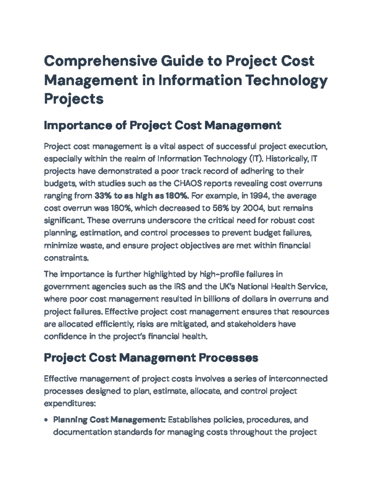 Comprehensive Guide to Project Cost Management in IT Projects - Studocu