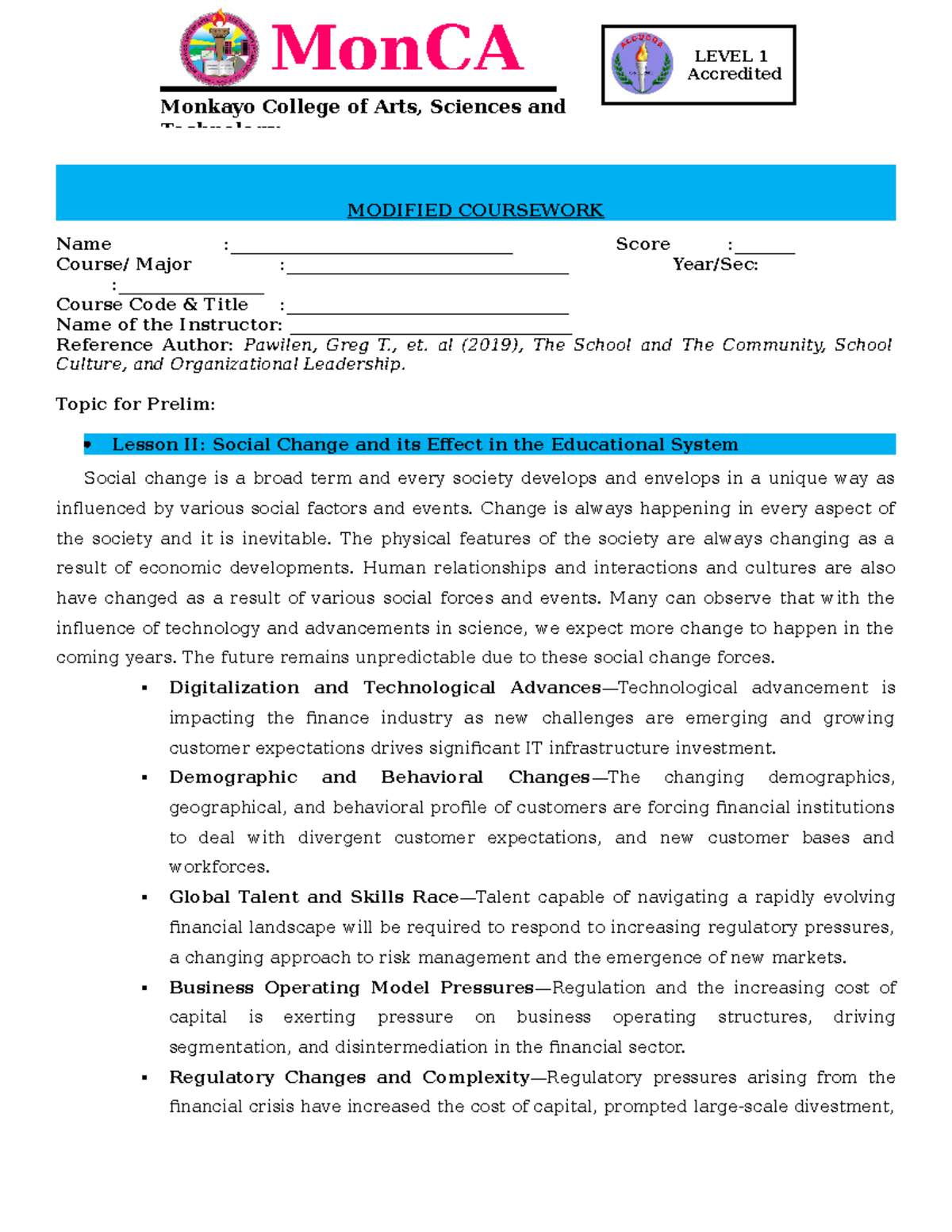 Lesson 2 BSED AT2 - none - MODIFIED COURSEWORK Name :_________________________________ Score ...