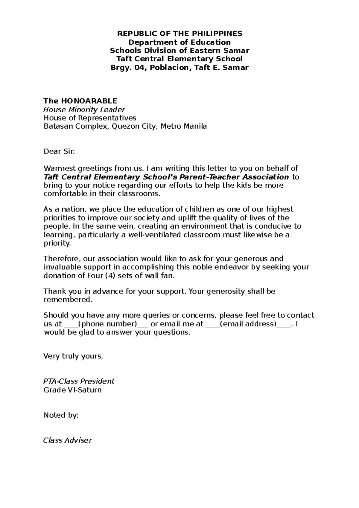 PTA-Solicitation Letter for Classroom Comfort - Grade VI-Saturn - Studocu