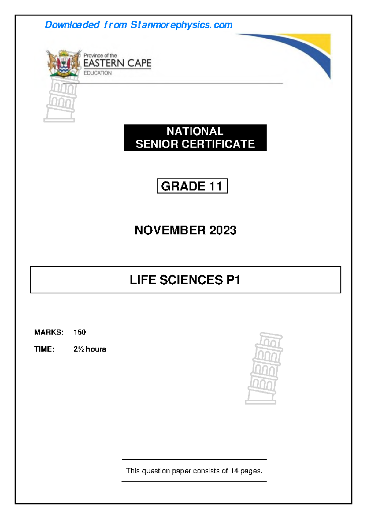 Grade 11 Life Sciences EC Nov 2023 P1 Exam Paper & Memorandum - Studocu