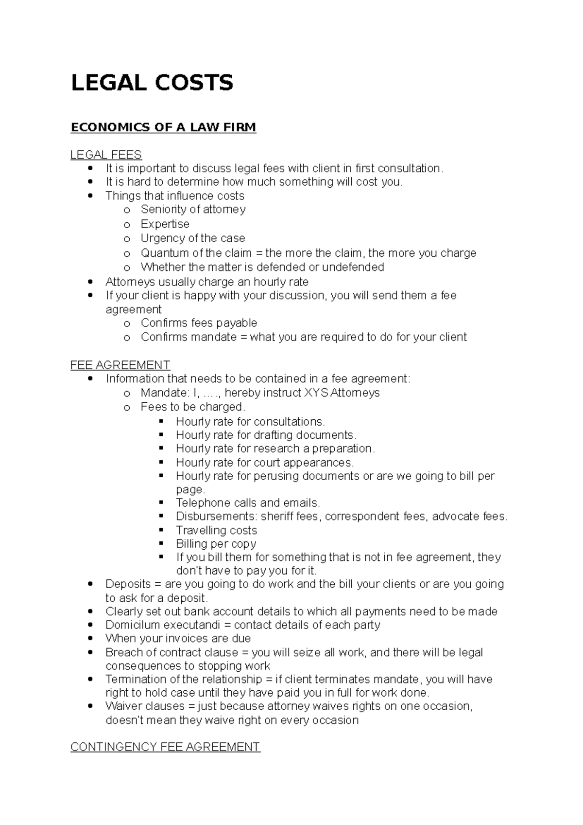Legal costs: Economics of a law firm legal fees and agreements - Studocu