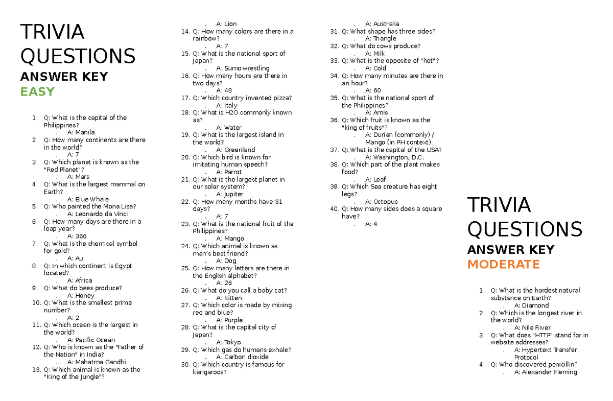Trivia Questions Answer Key: Easy, Moderate, and Hard - Studocu