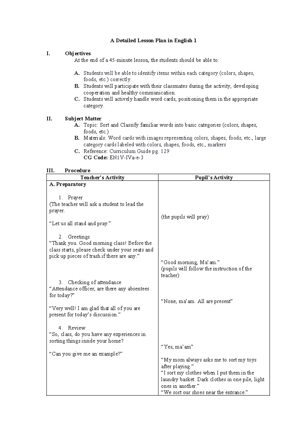 A Detailed Lesson Plan for English 1: Sorting & Classifying Activities ...