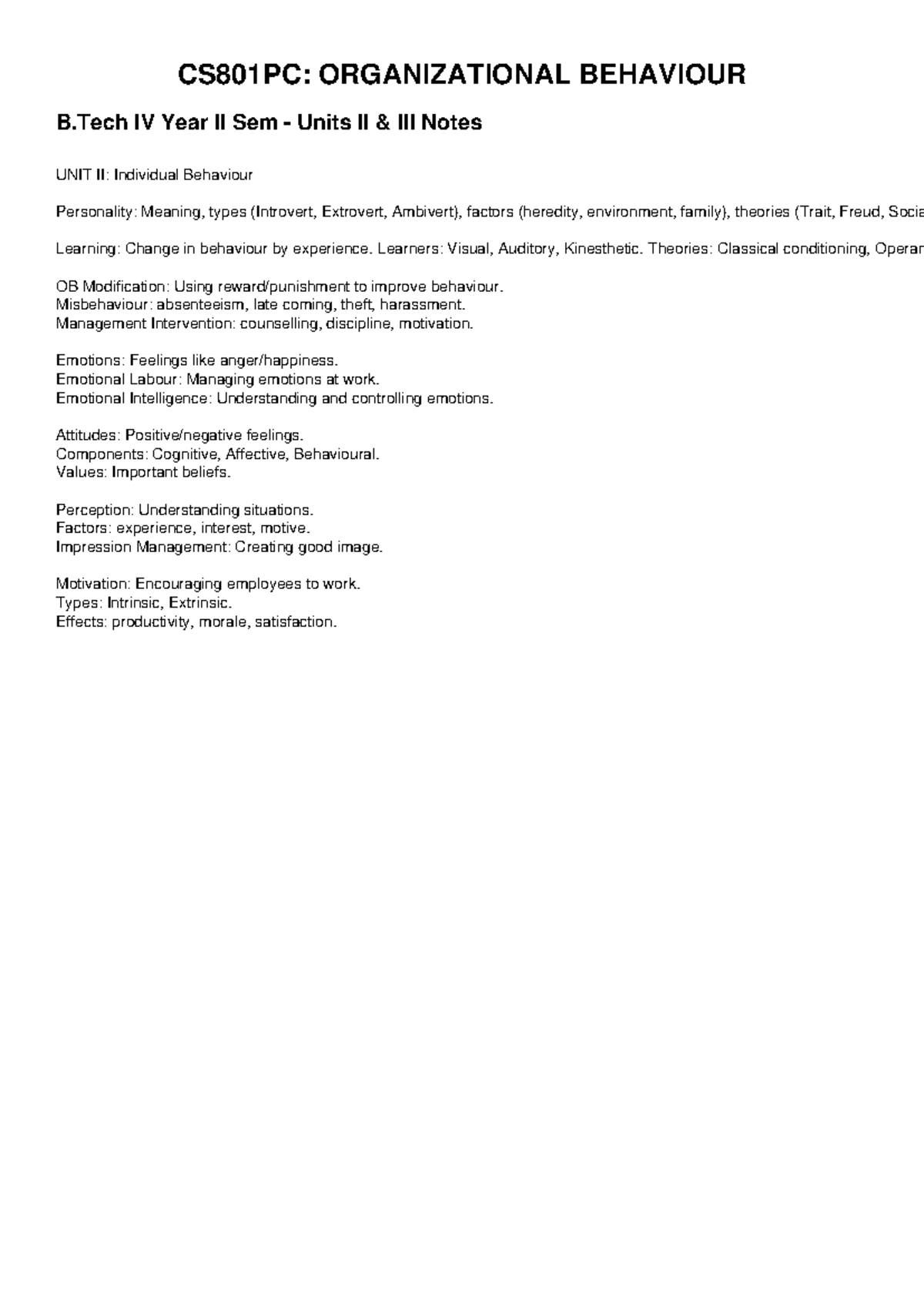 CS801PC: Organizational Behaviour Unit II Notes on Individual Behaviour ...