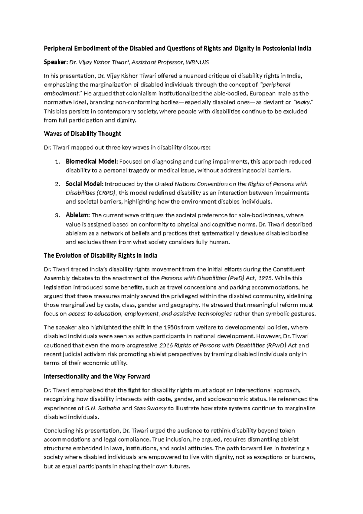 Report - V.K. Tiwari - Peripheral Embodiment of the Disabled and ...