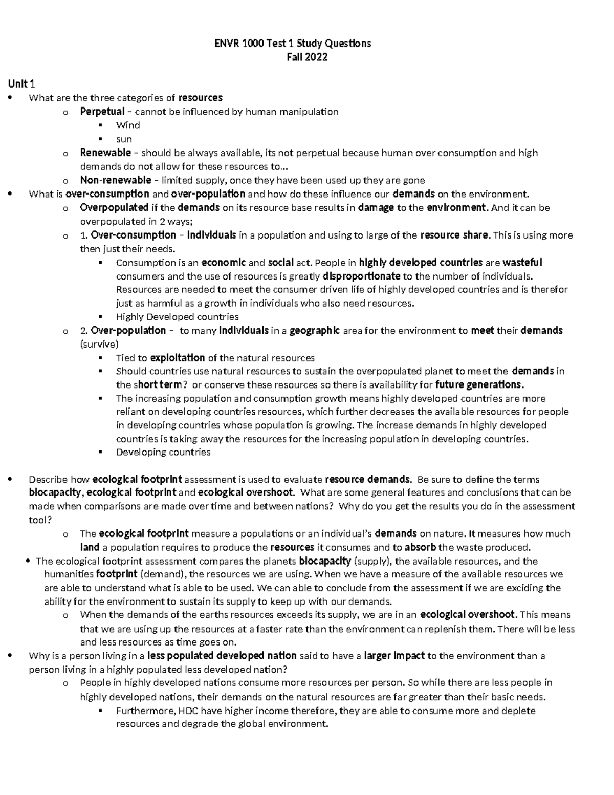 ENVR 1000 Test 1 Study Questions - ENVR 1000 Test 1 Study Questions ...