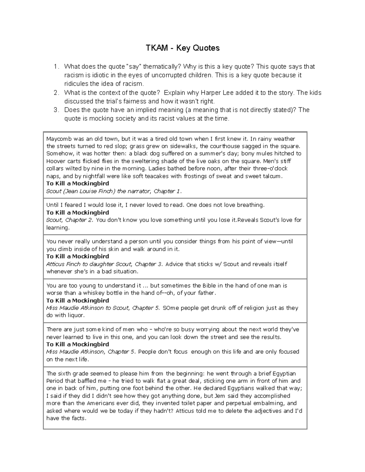 TKAM - Key Quotes Analysis: Themes, Context, and Meanings - Studocu