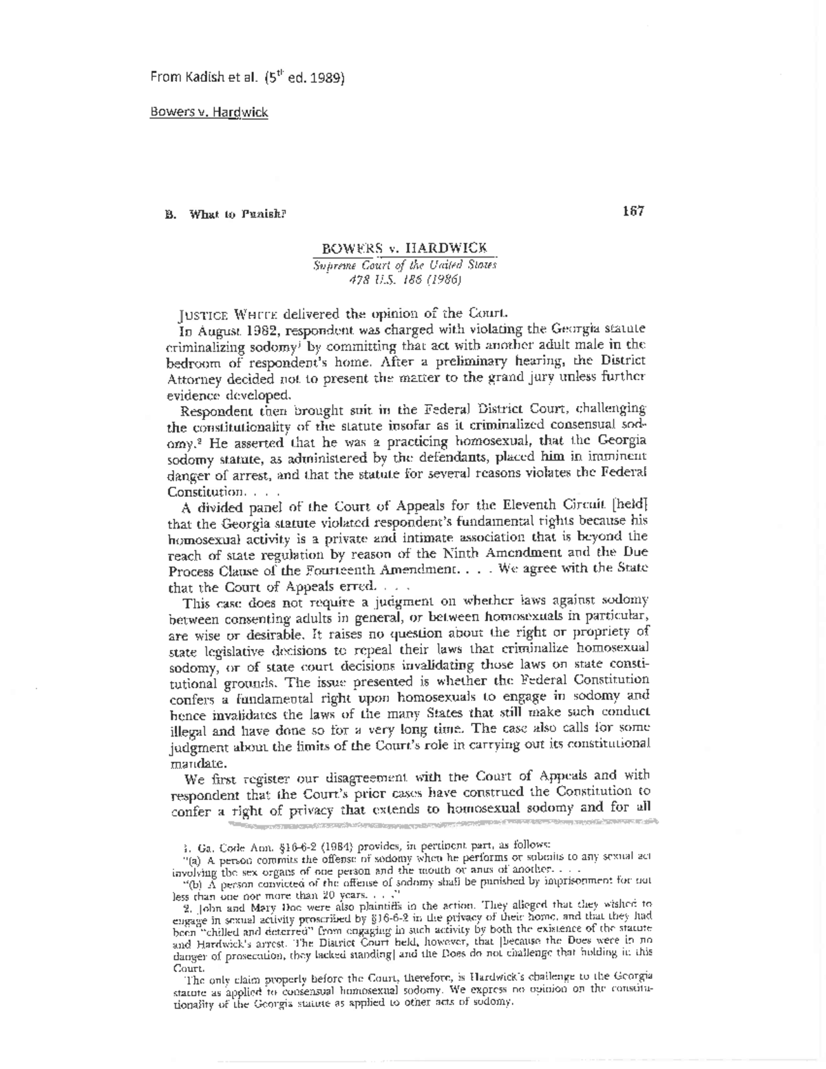 Bowers v. Hardwick: What Conduct May Be Punished? (Fall 2022) - Studocu