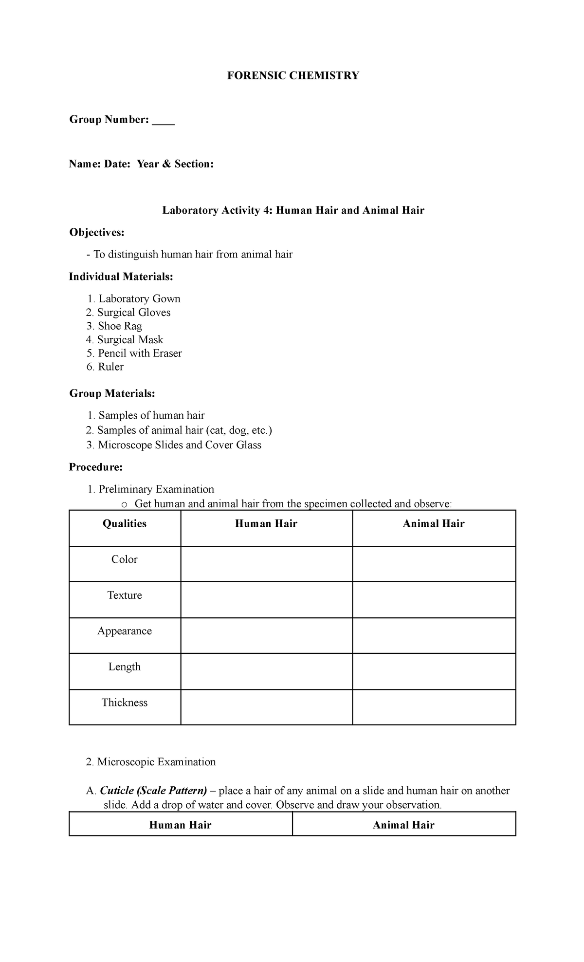 Forensic Chemistry Lab Activity 4: Human vs. Animal Hair Analysis - Studocu
