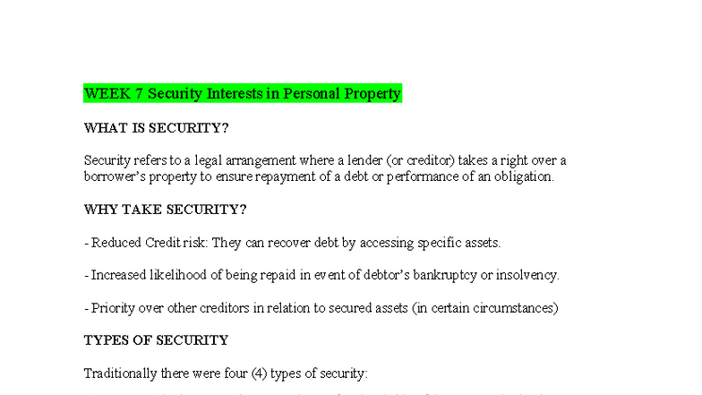 WEEK 7: Security Interests in Personal Property Overview - Studocu
