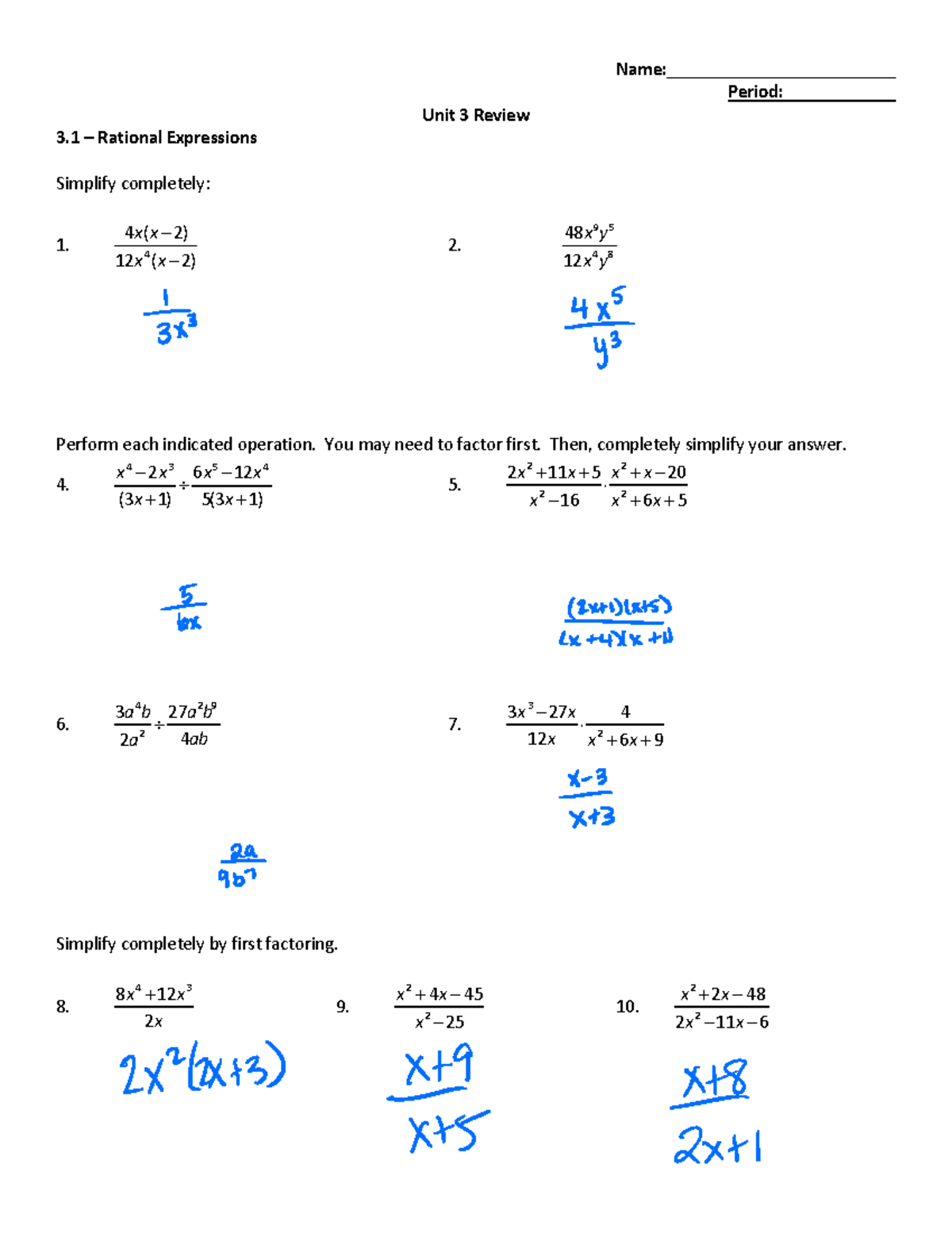 Unit 5 Review: Quadratic Equations & Rational Functions Analysis - Studocu
