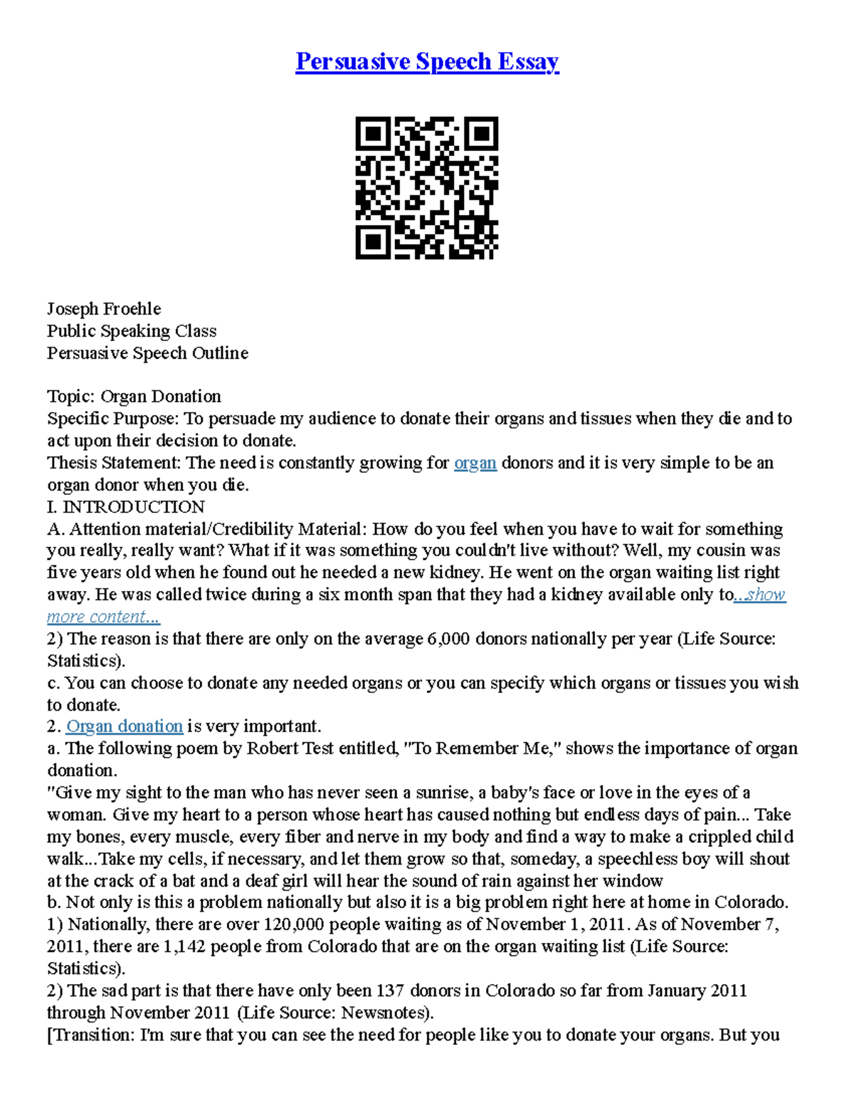 Persuasive Speech Outline: Organ Donation & Community Service - Studocu