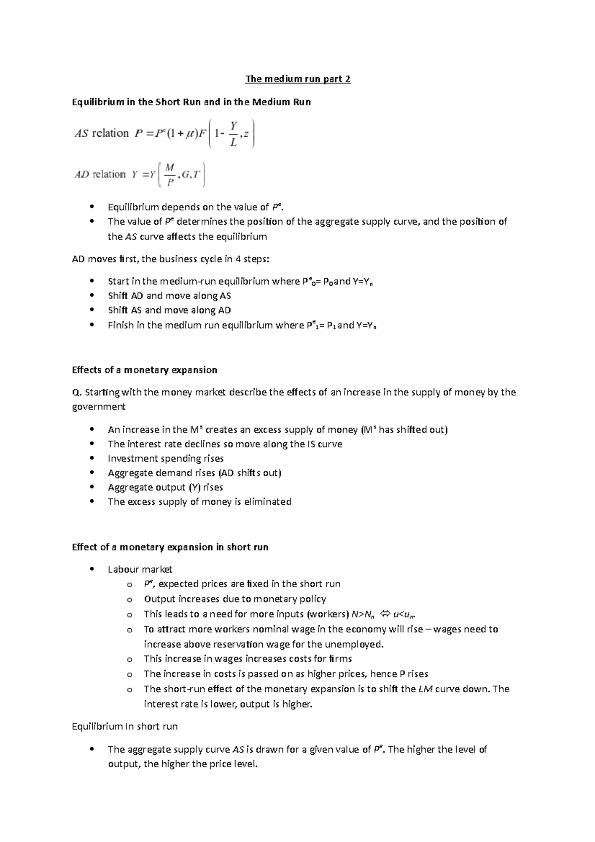 Lecture Notes 4: The Medium Run Part 2 (Ch. 9-10) - Economic ...