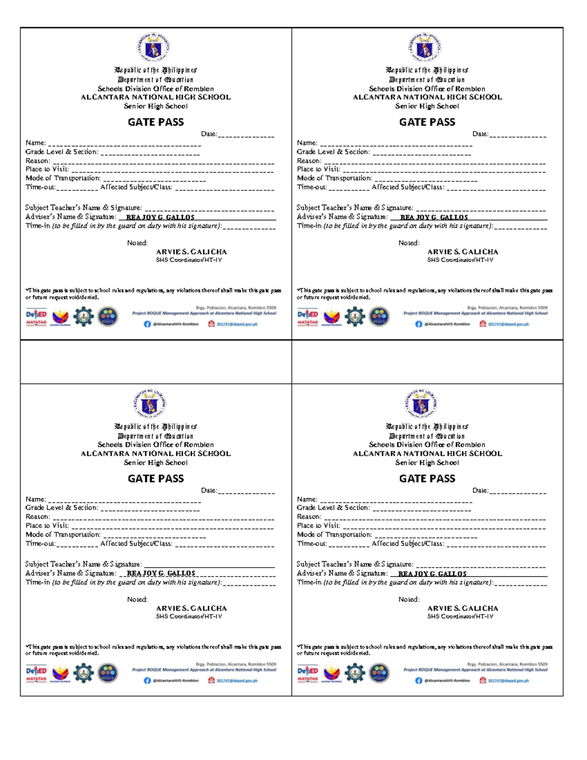 Revised Gate Pass for SHS - ALCANTARA NATIONAL HIGH SCHOOL - Studocu