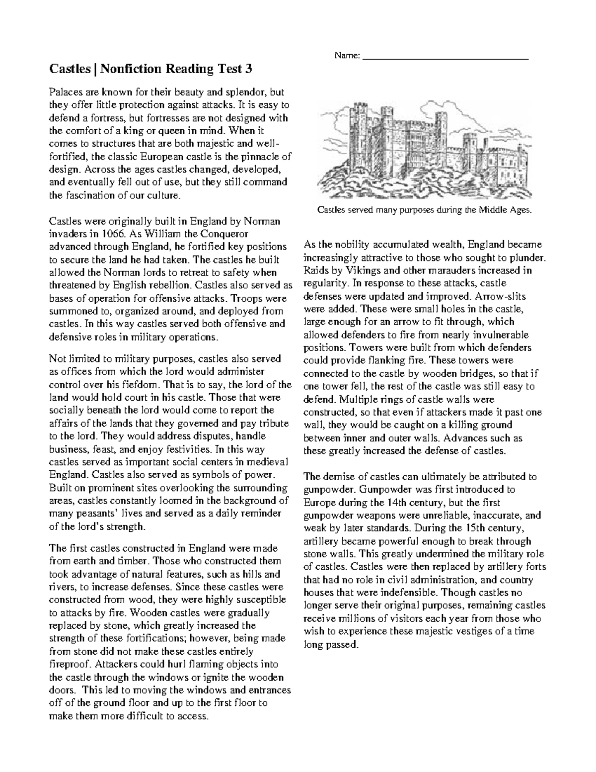 Nonfiction Reading Test 3: Understanding Castles in History - Studocu