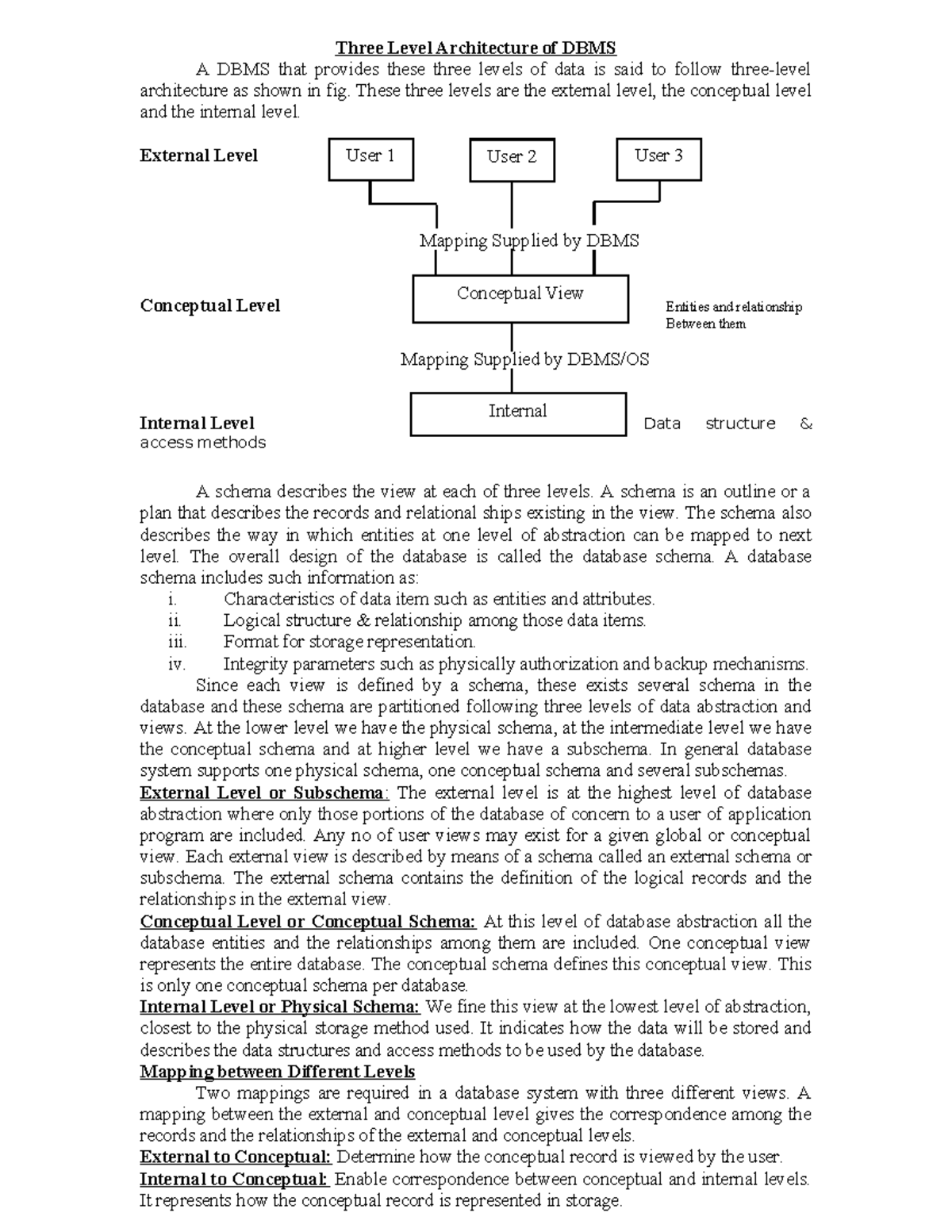 Three Level Architecture of DBMS: External, Conceptual, Internal - Studocu