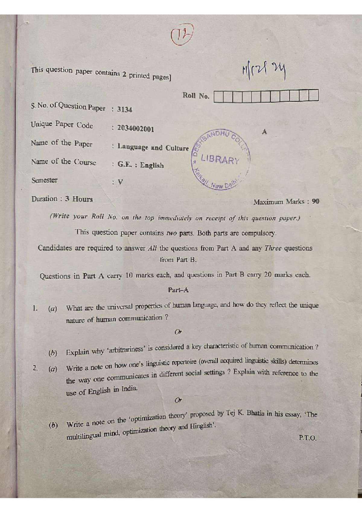 GE English Sem 5 PYQ: Language and Culture Question Paper - Studocu