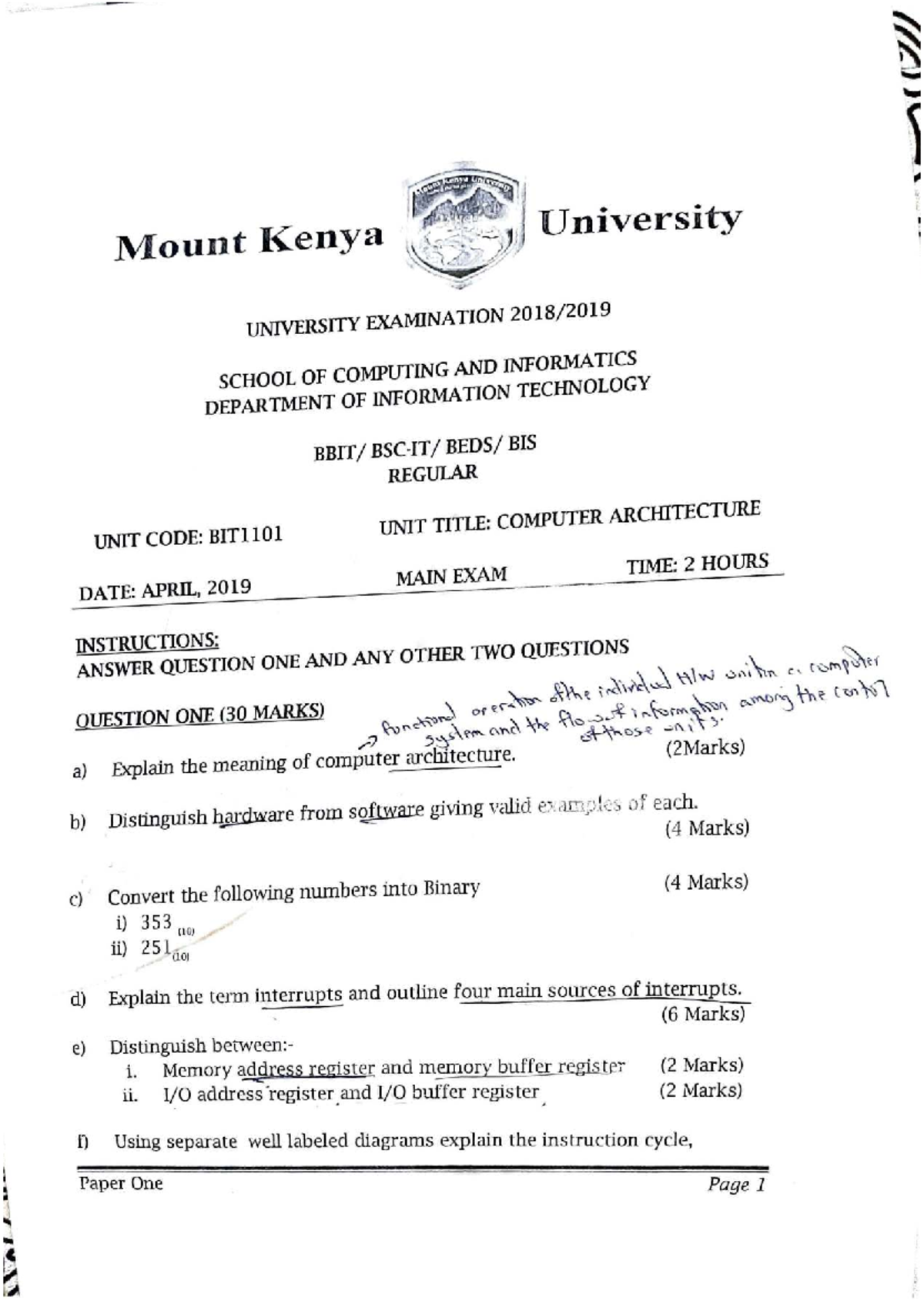 Computer Architecture - Lecture Notes (BIT1101) - Studocu