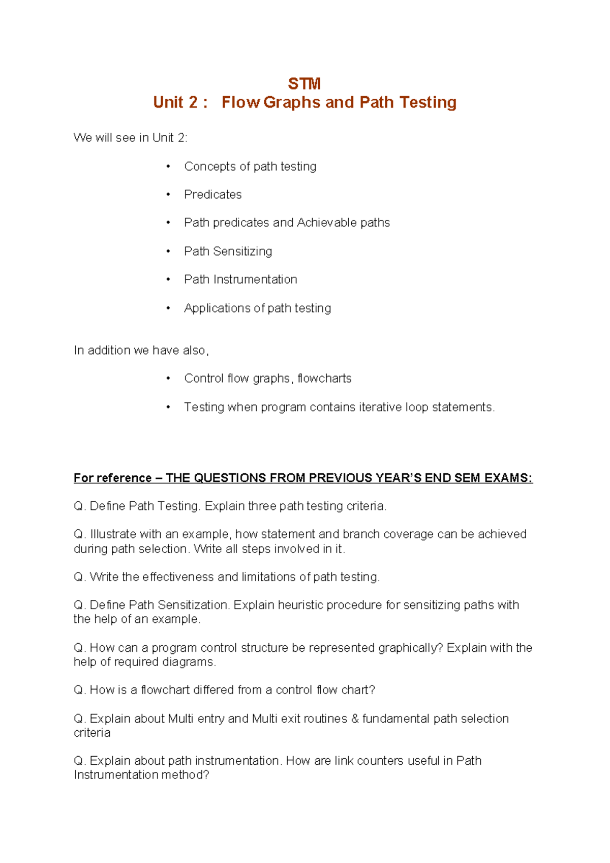 STM Unit 2: Path Testing Concepts and Flow Graphs Notes - Studocu