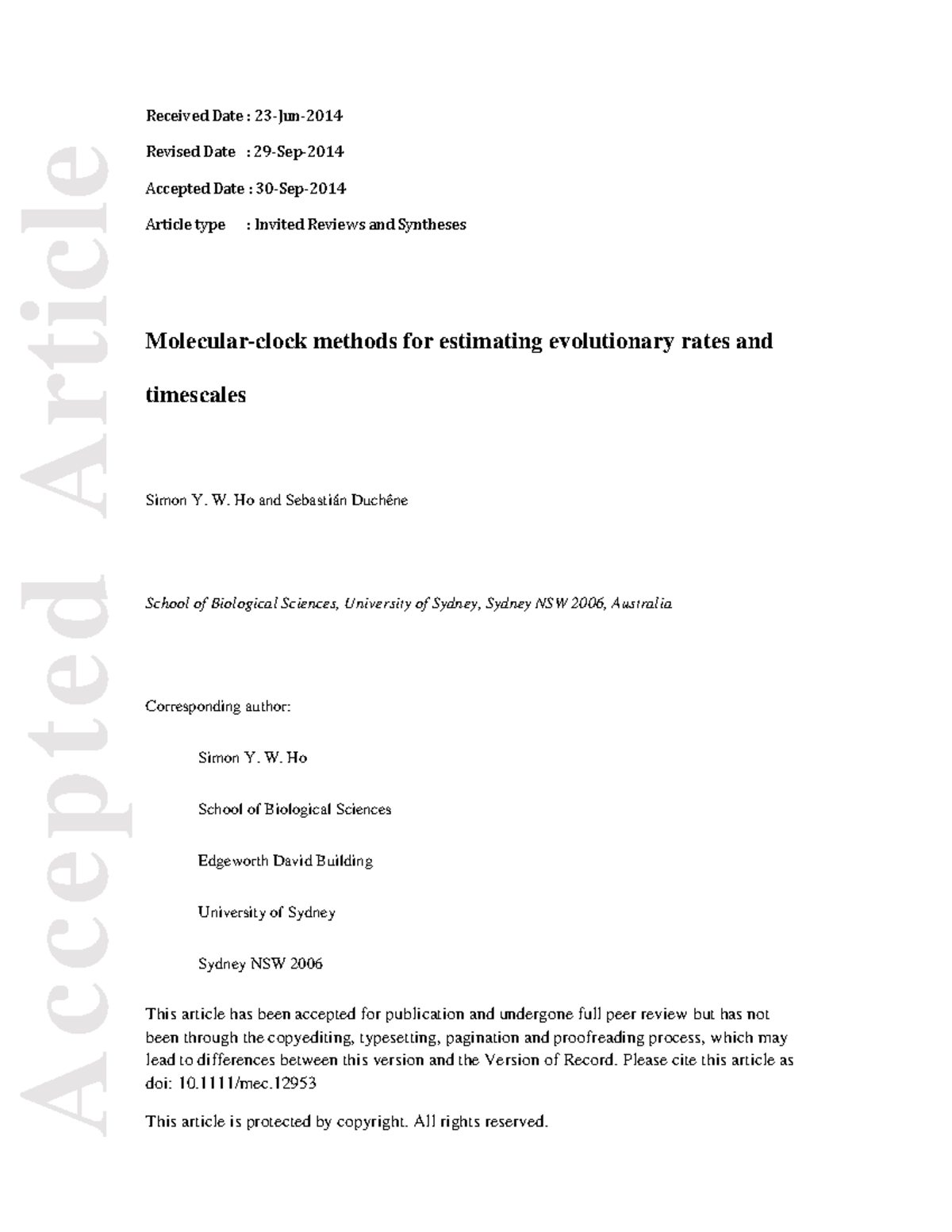 Molecular Clock Methods for Estimating Evolutionary Rates (5W67HJ0K ...