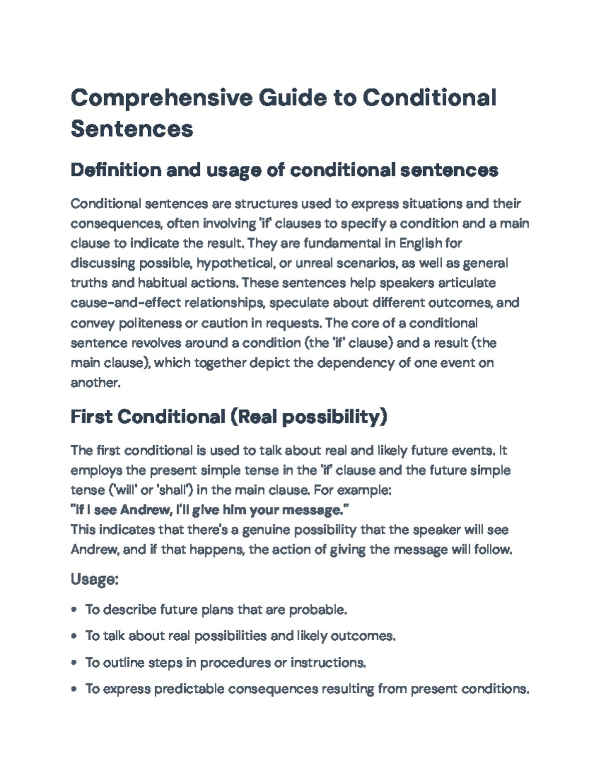 Comprehensive Guide to Conditional Sentences: Types and Usage - Studocu