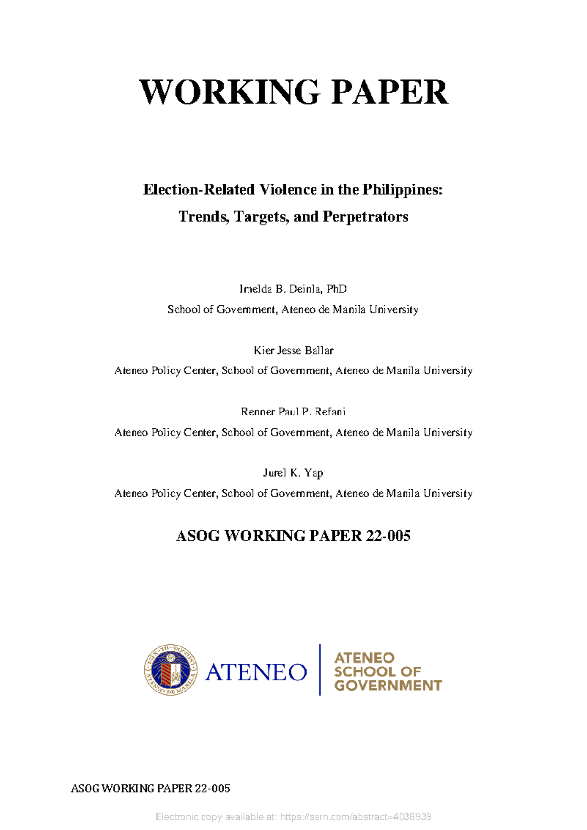 Election-related Violence in the Philippines - ASOG WORKING PAPER 22- WORKING PAPER Election ...