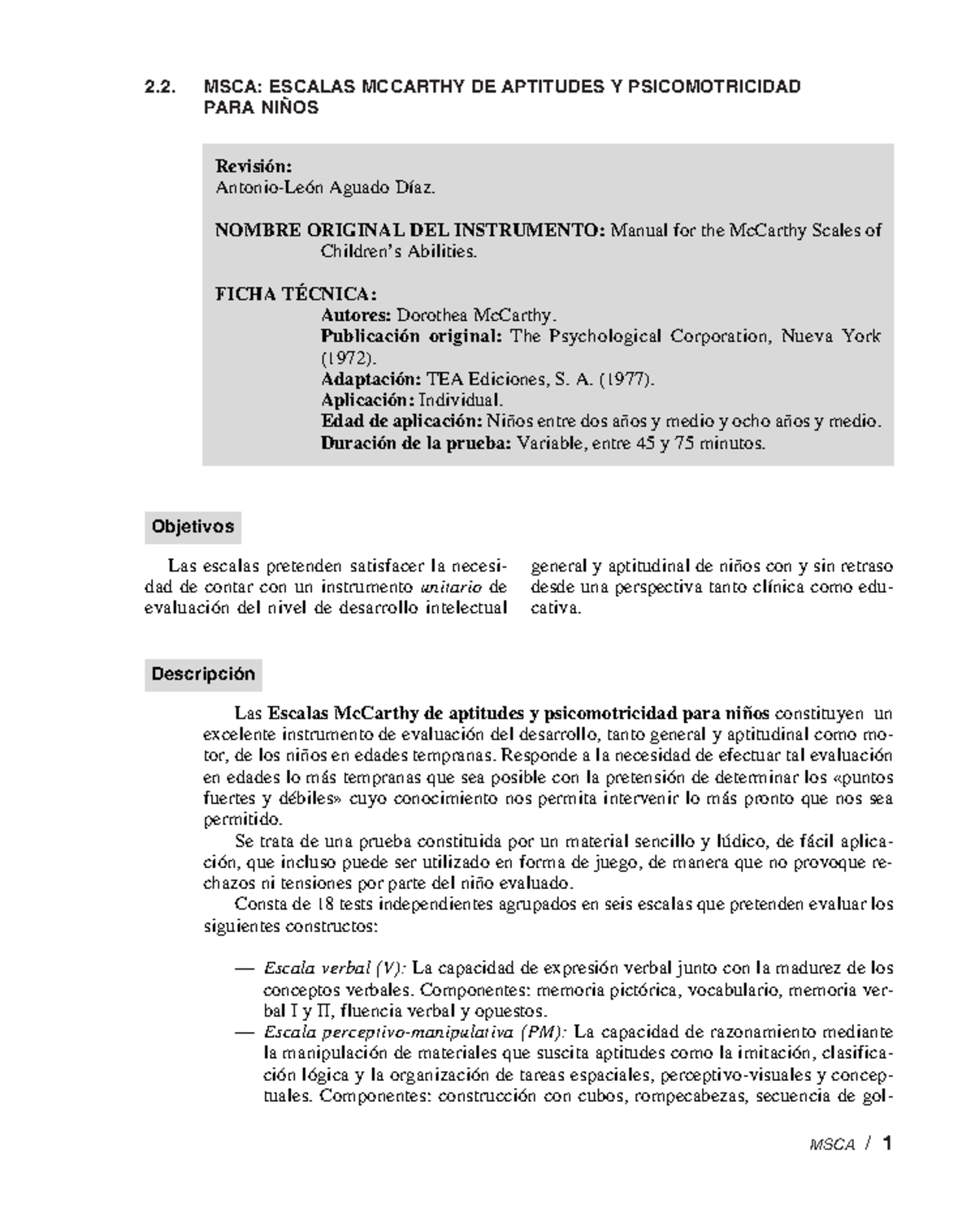 MSCA: ESCALAS MCCARTHY DE APTITUDES Y PSICOMOTRICIDAD PARA NIÑOS ...
