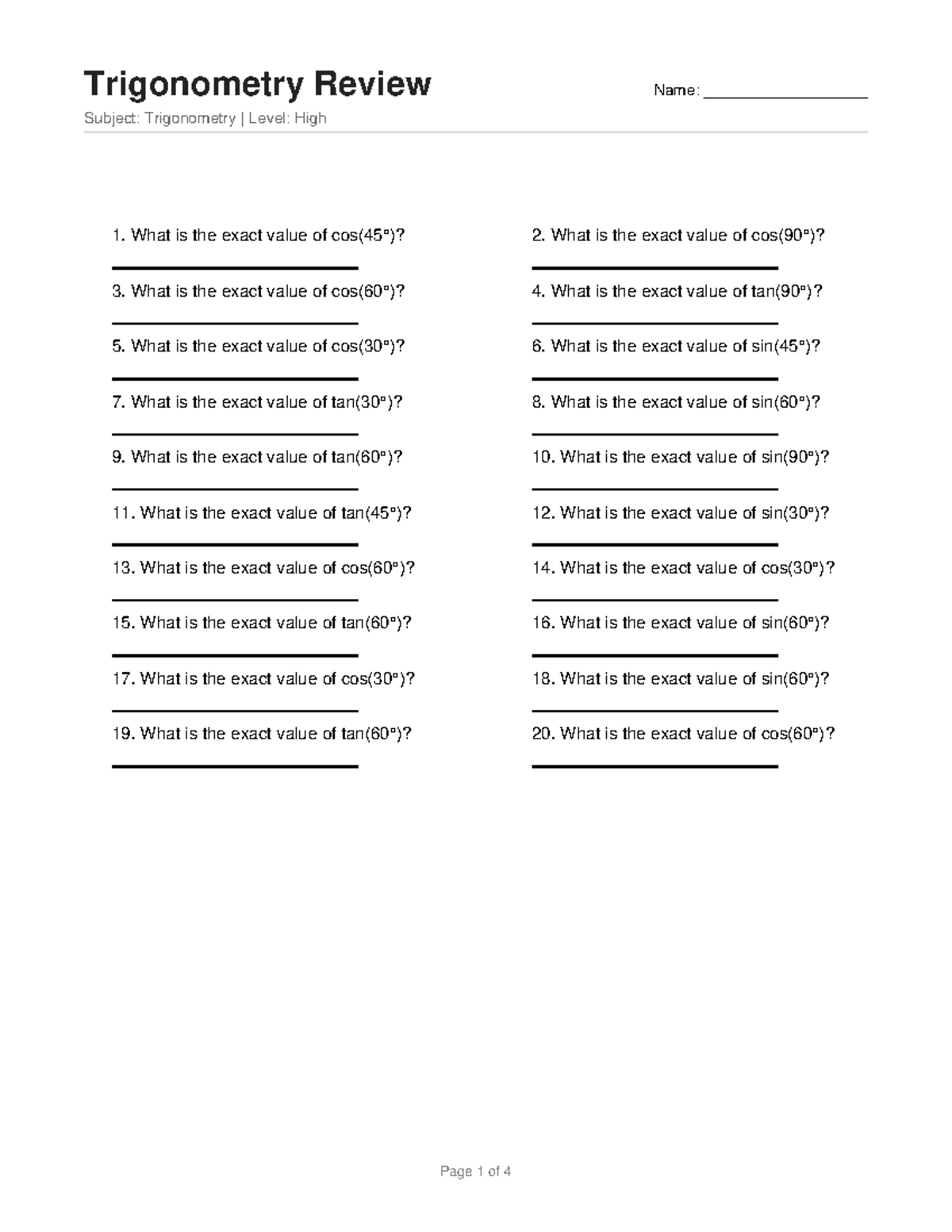 Trigonometry Review - High Level Practice Questions (TRG 5) - Studocu