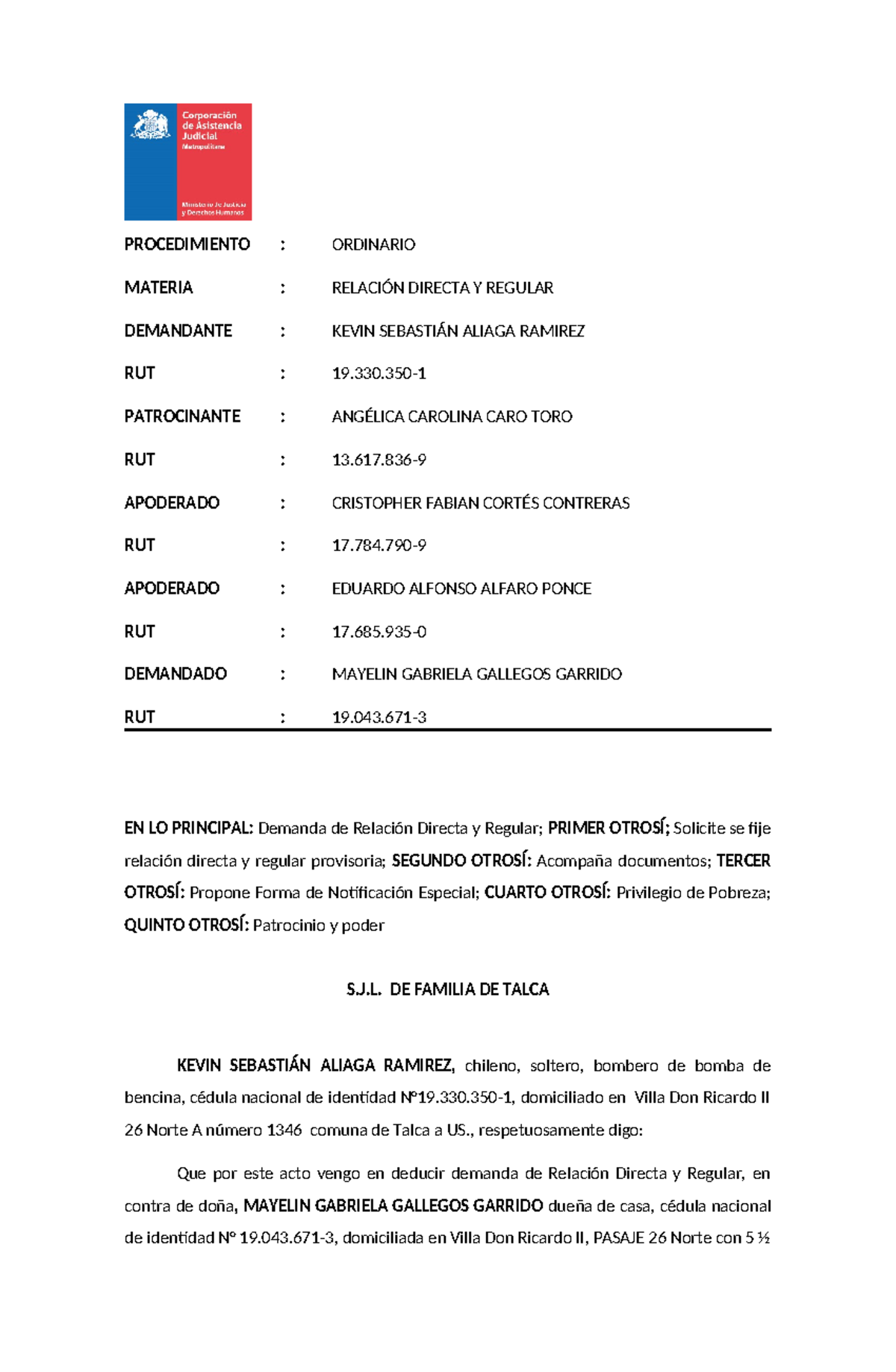 Demanda de Relación Directa y Regular por Kevin - Proceso Ordinario ...