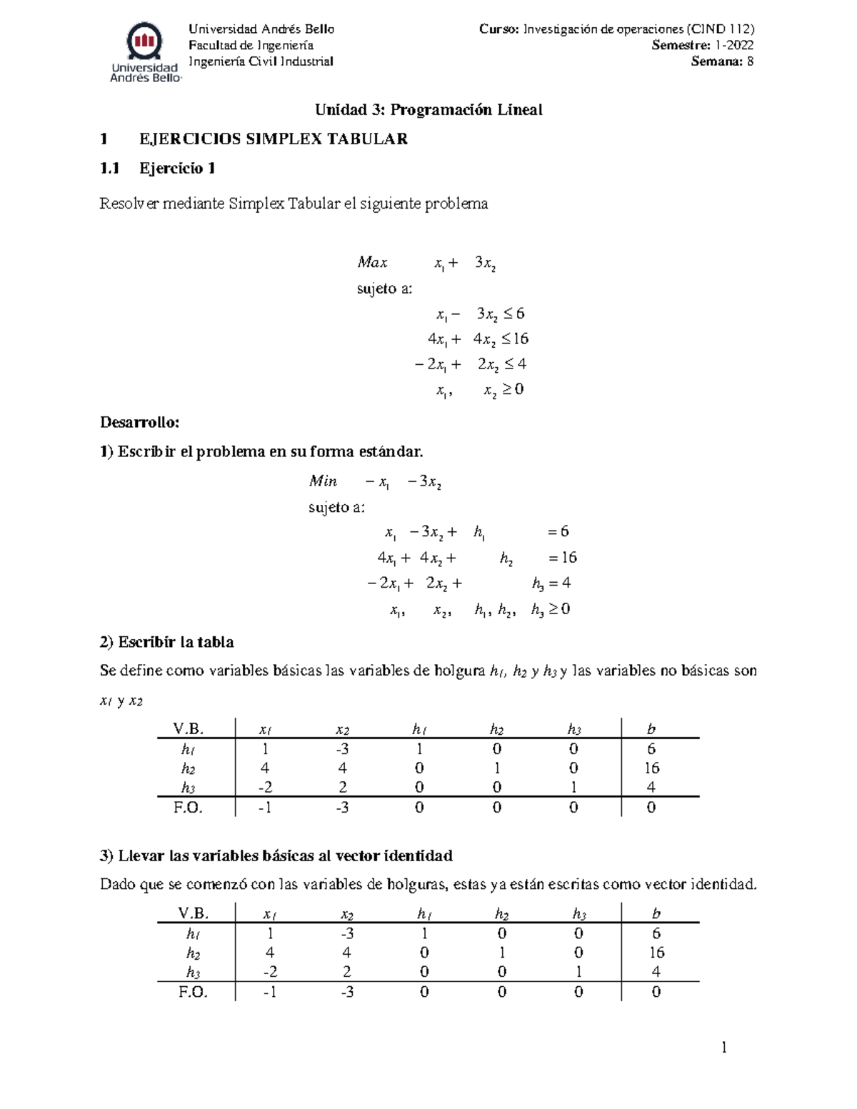 Ejercicios de Simplex Tabular - Ingeniería Civil Industrial 1-8 - Studocu