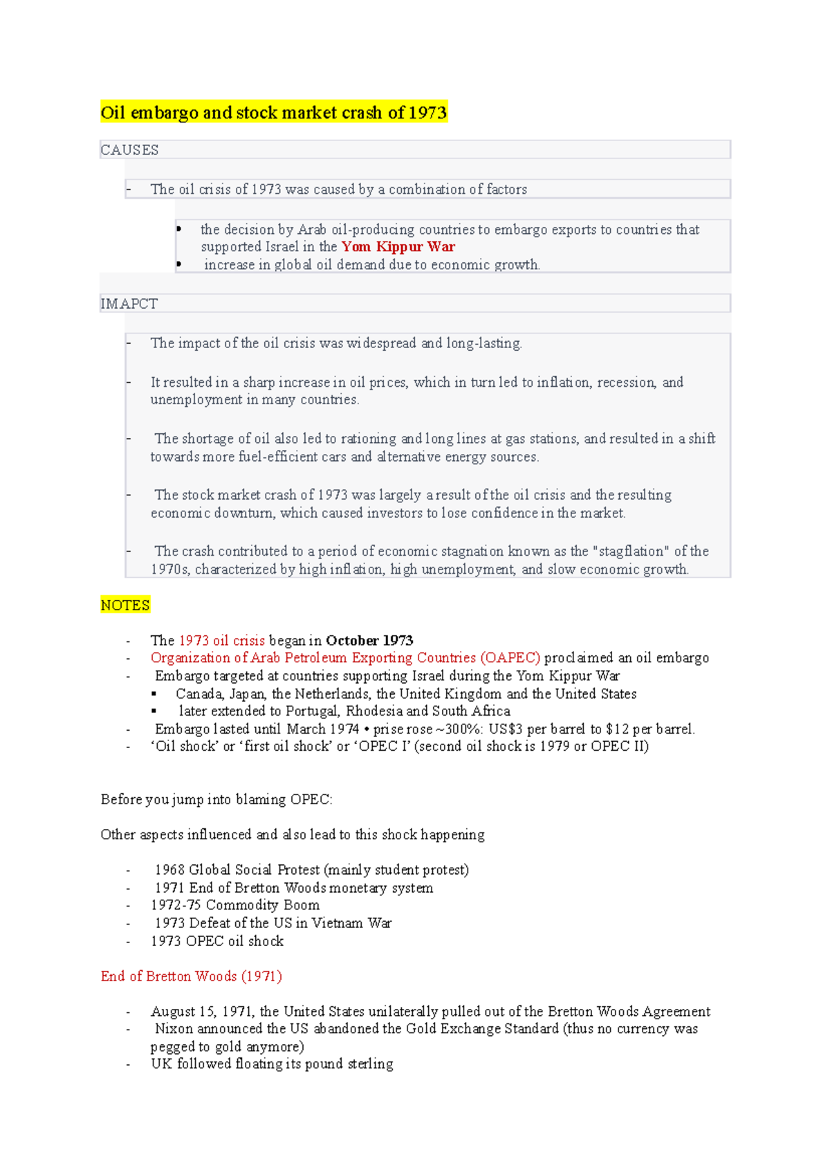 Oil embargo and stock market crash of 1973 - IMAPCT The impact of the oil crisis was widespread ...