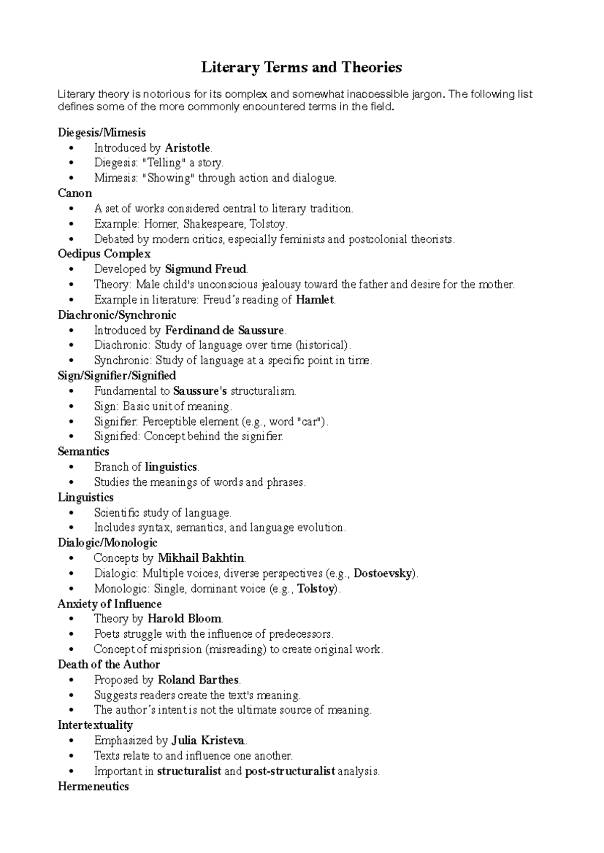 Literary Terms and Theories: Key Concepts and Definitions Notes - Studocu