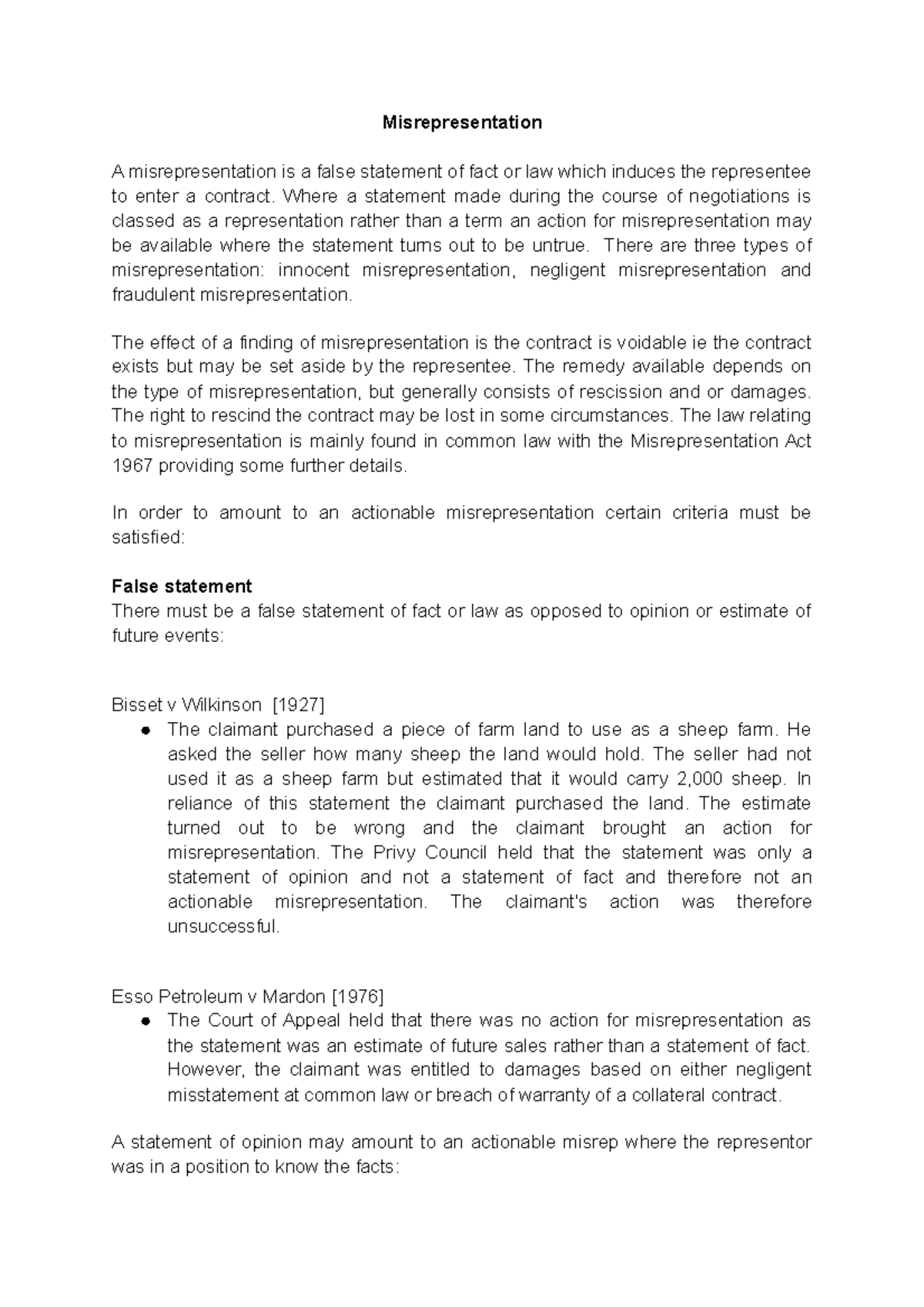 Misrepresentation Notes - Misrepresentation A misrepresentation is a ...