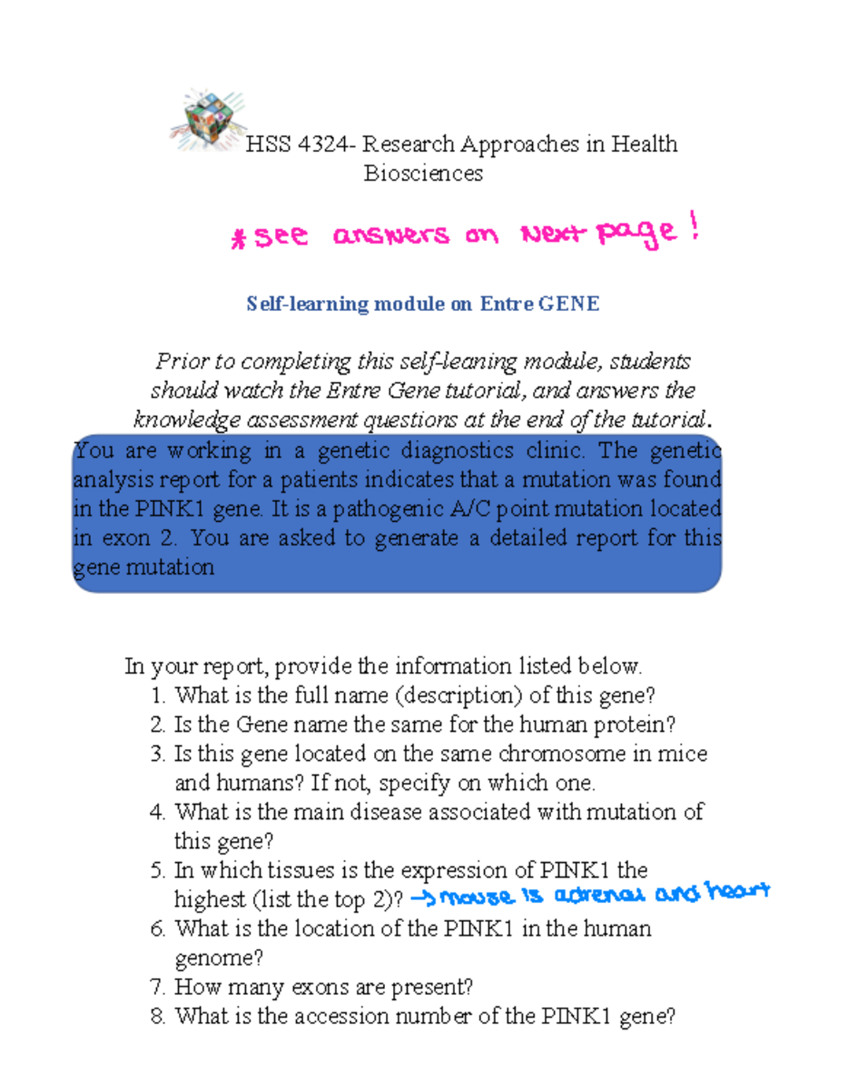 HSS 4324 - Self-Learning Module on Entre GENE and PINK1 Analysis - Studocu