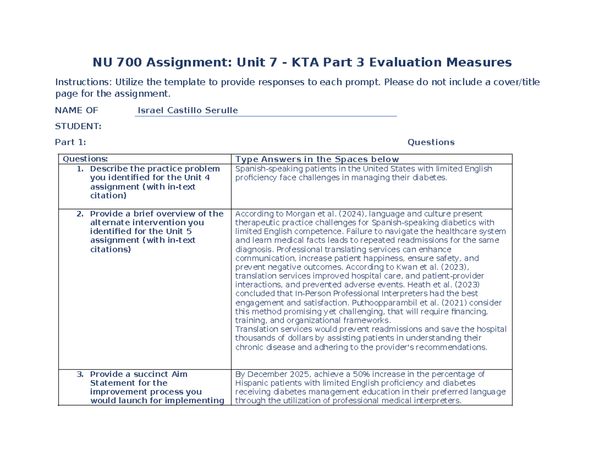 NU 700 Assignment: Unit 7 KTA Part 3 Evaluation Measures for Diabetes ...