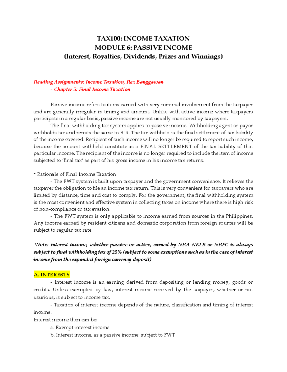 TAX100: Income Taxation Module 6 - Understanding Passive Income - Studocu
