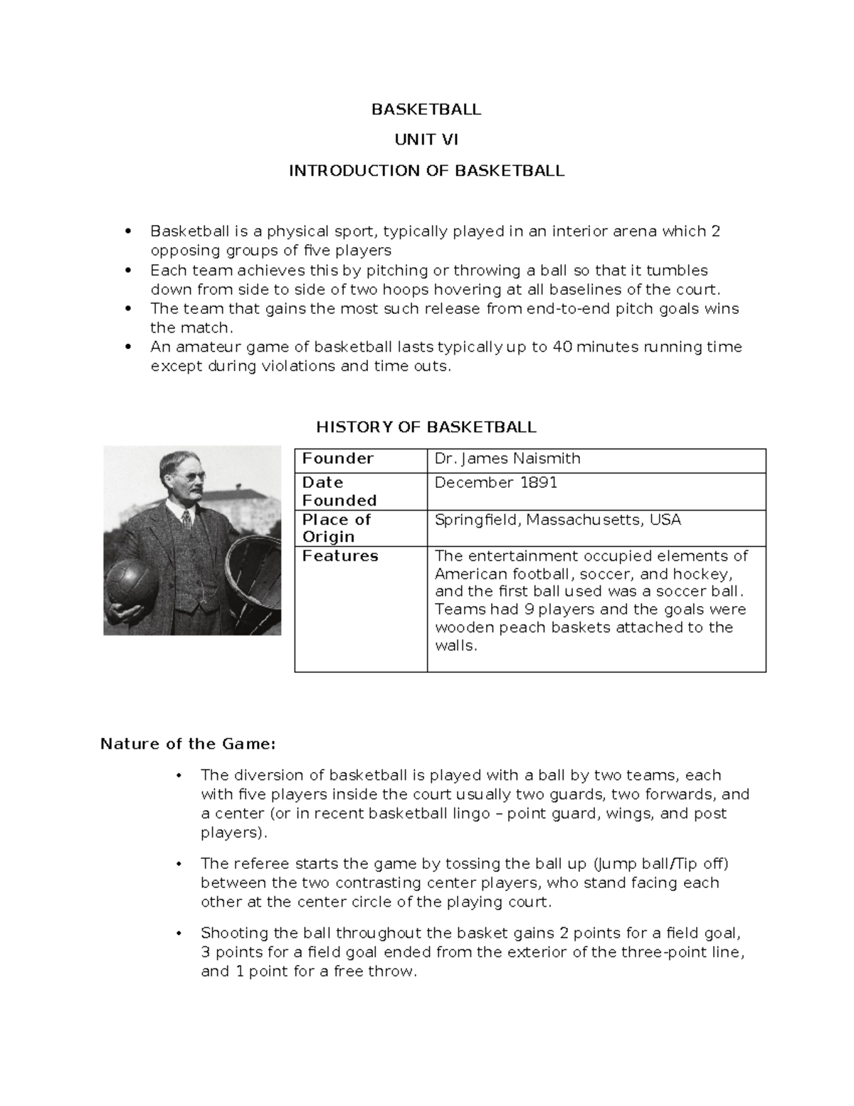 Basketball-Handouts - notes - BASKETBALL UNIT VI INTRODUCTION OF ...