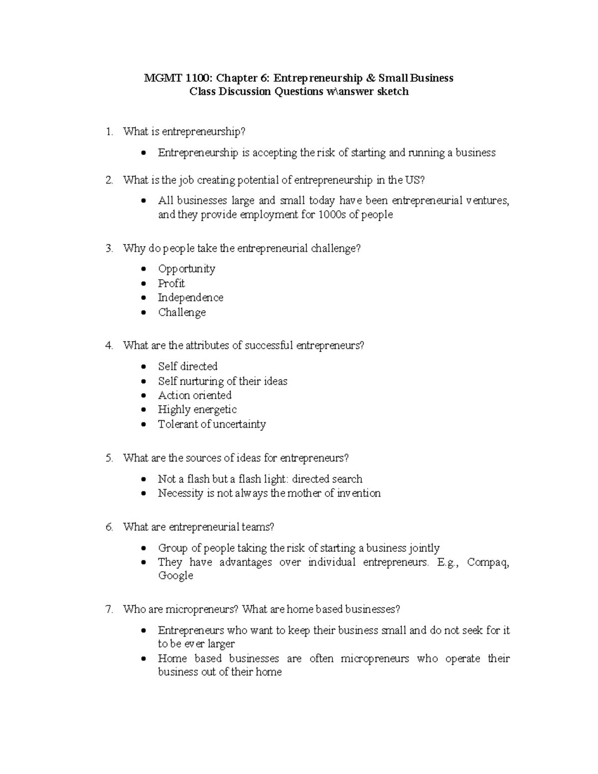 MGMT 1100: Chapter 6 - Entrepreneurship & Small Business Discussion ...