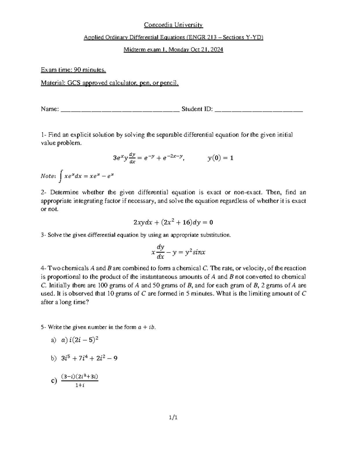 ENGR 213 Midterm Exam 1: Applied Ordinary Differential Equations - Studocu
