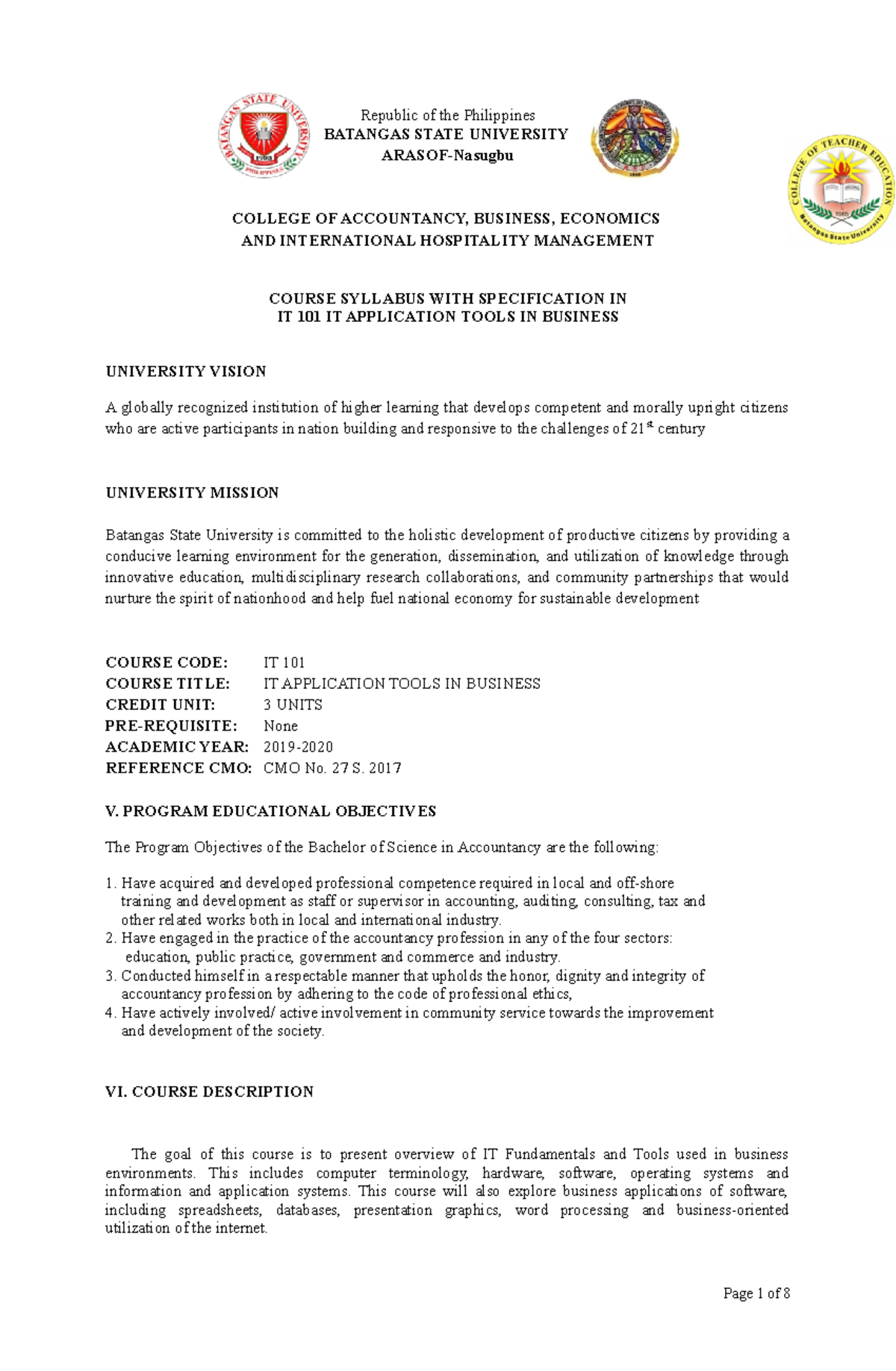 IT 101 Syllabus: IT Application Tools in Business Overview and Outcomes ...